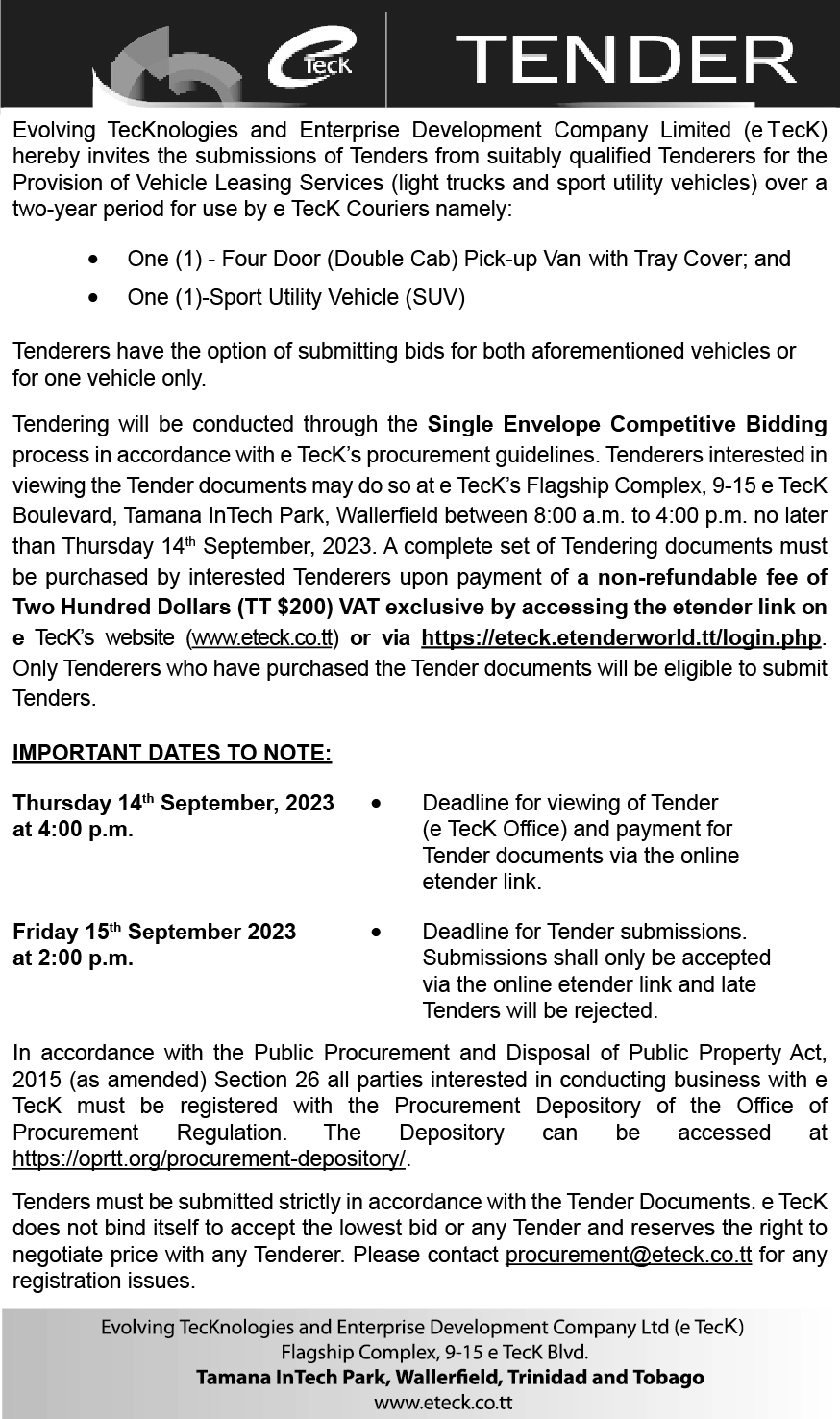 Tenders and Expressions of Interest - e TecK